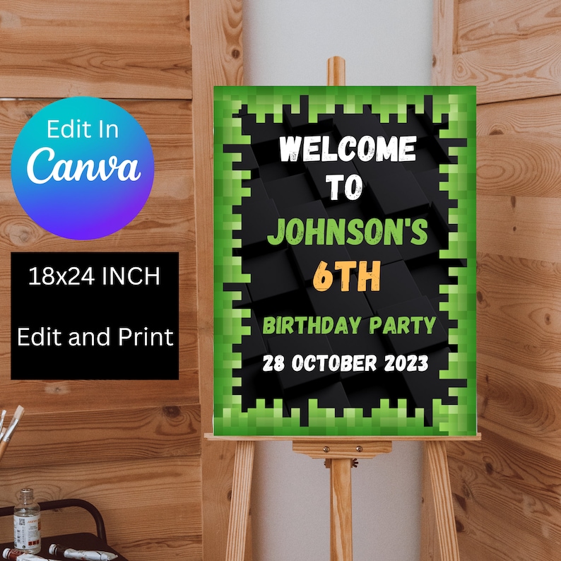 18x24 Editable Mine Theme Welcome Birthday Poster Bannertemplate ...