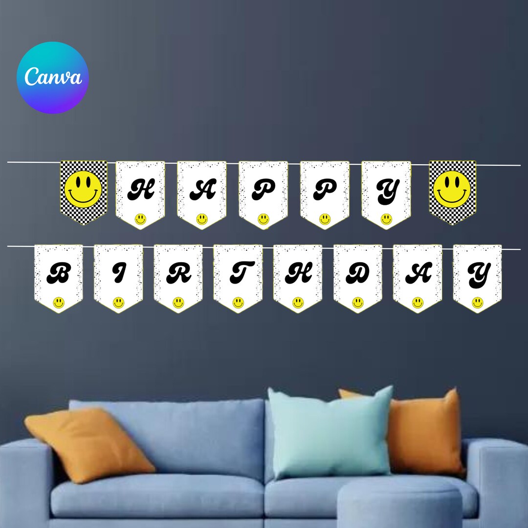 Smiley Face Emoji Happy Birthday Banner Bunting Template - Etsy