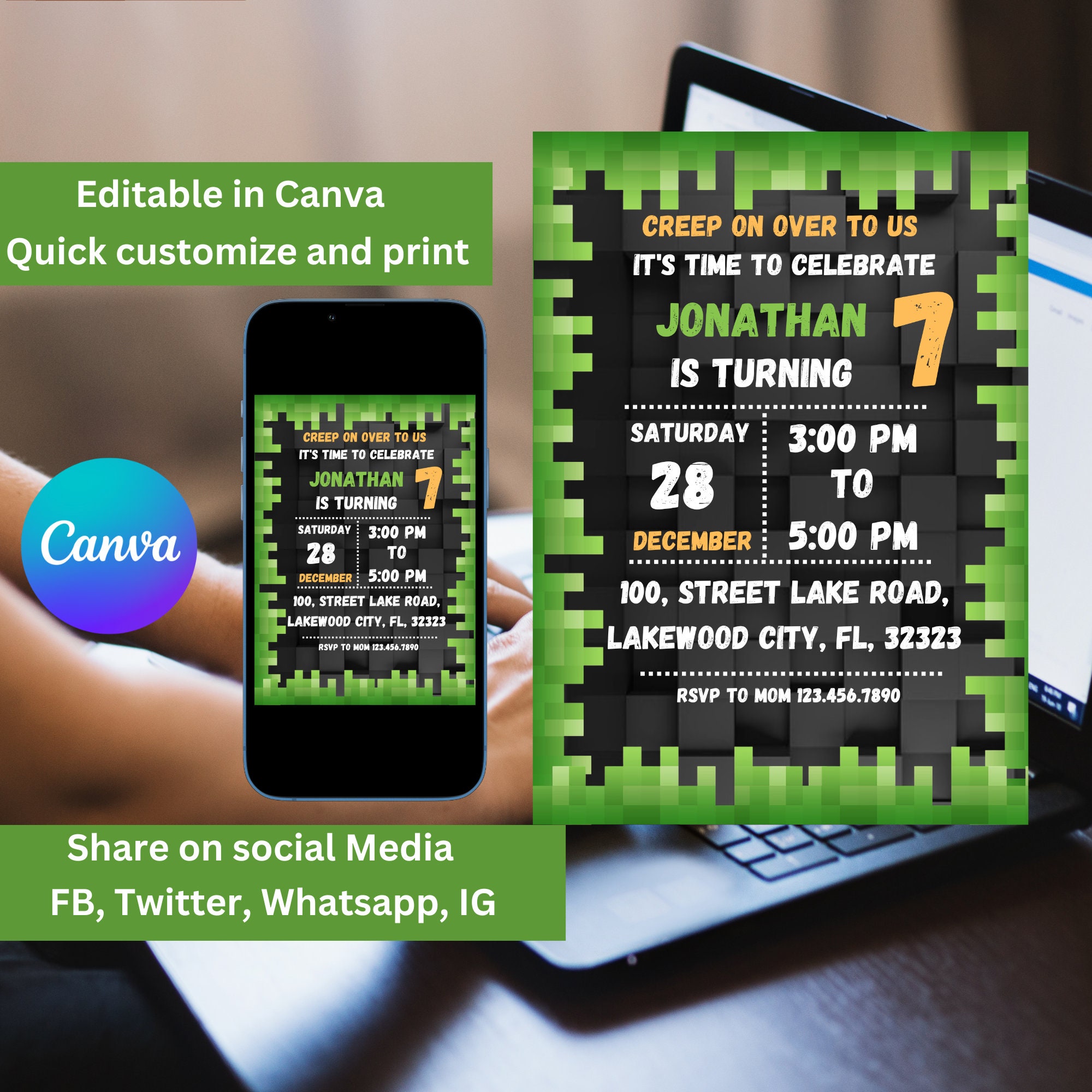 Mine Pixel Crafter Gamer Birthday Invitation Template Editable - Etsy