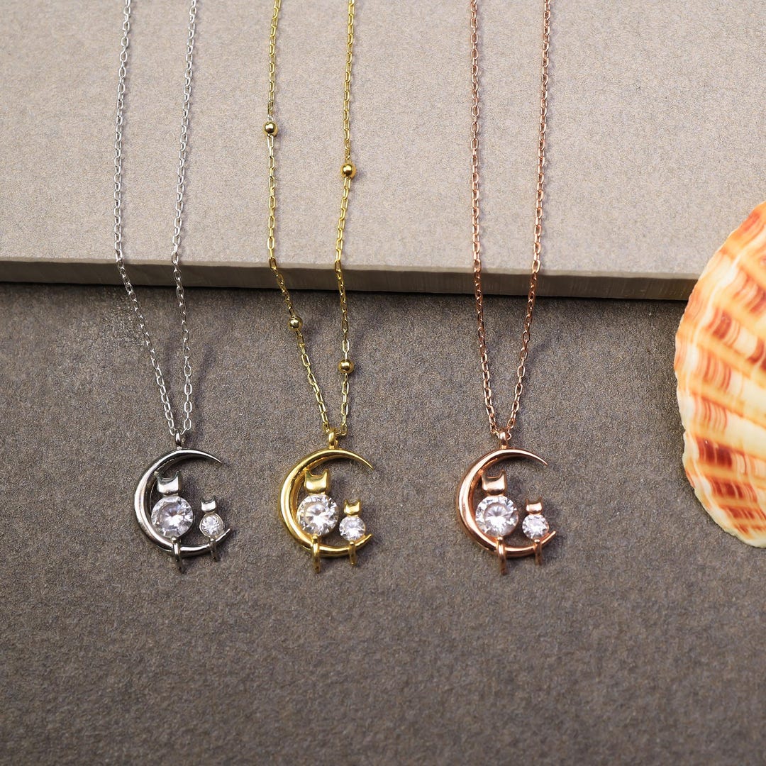 Mother and Child Cat Necklace, Moon Cat Pendant in Silver With ...