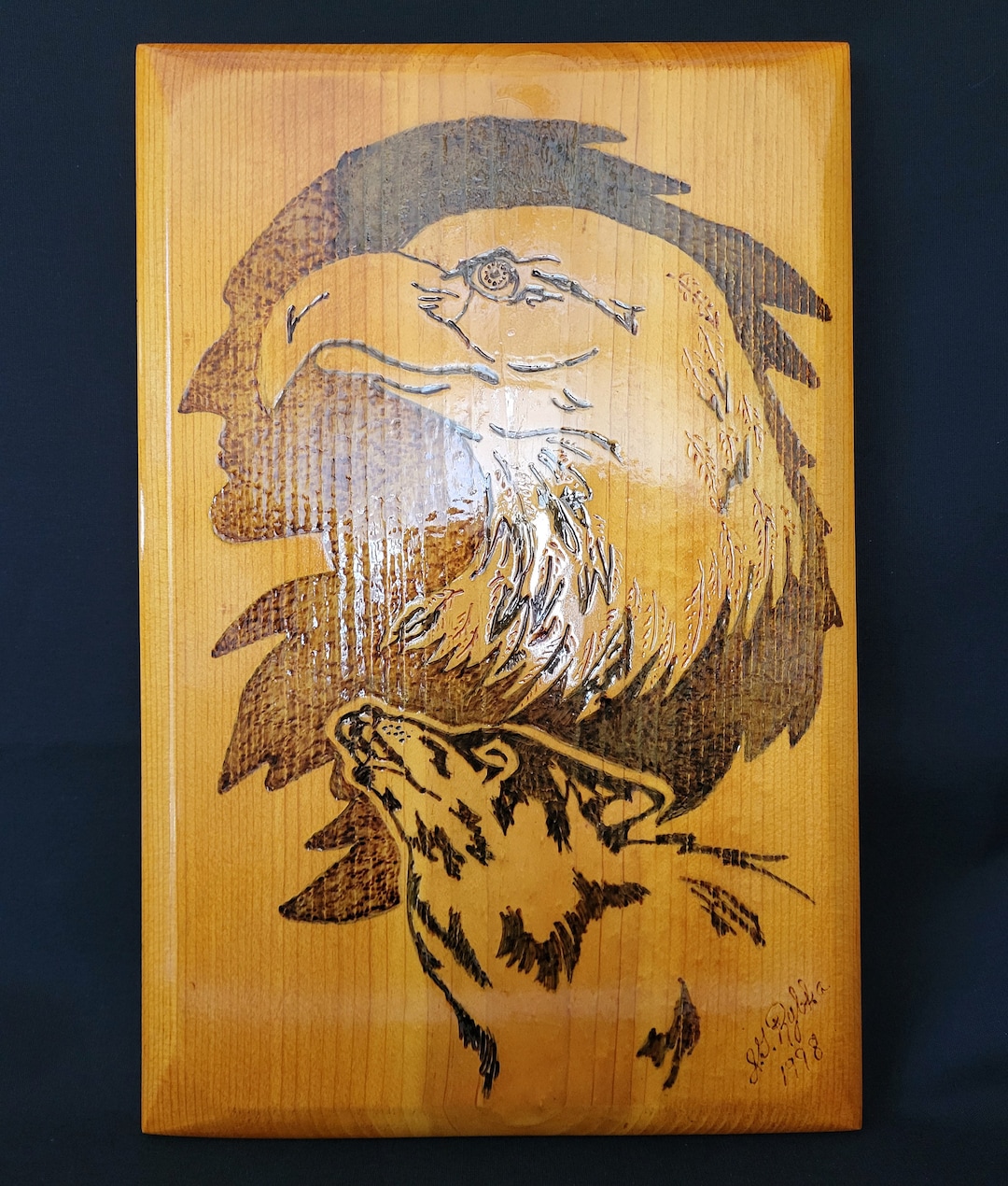 Vintage Pyrography Wood Burned Hand Made Signed Native Eagle Wolf ...