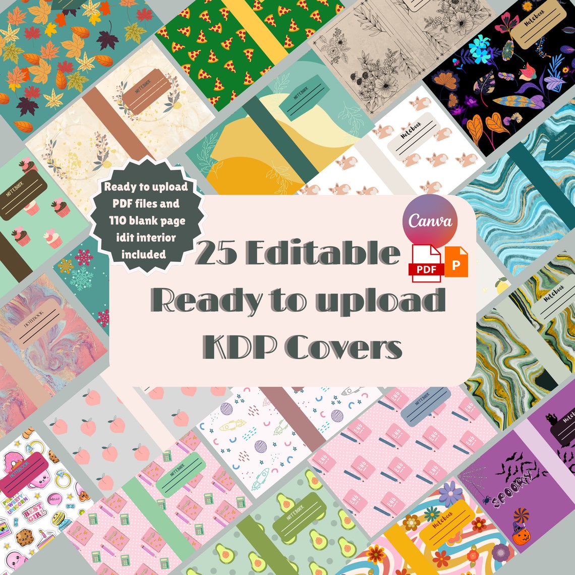 Editable Notebook KDP Covers Template Bundle | 25 Designs | 7.5x9.25 ...