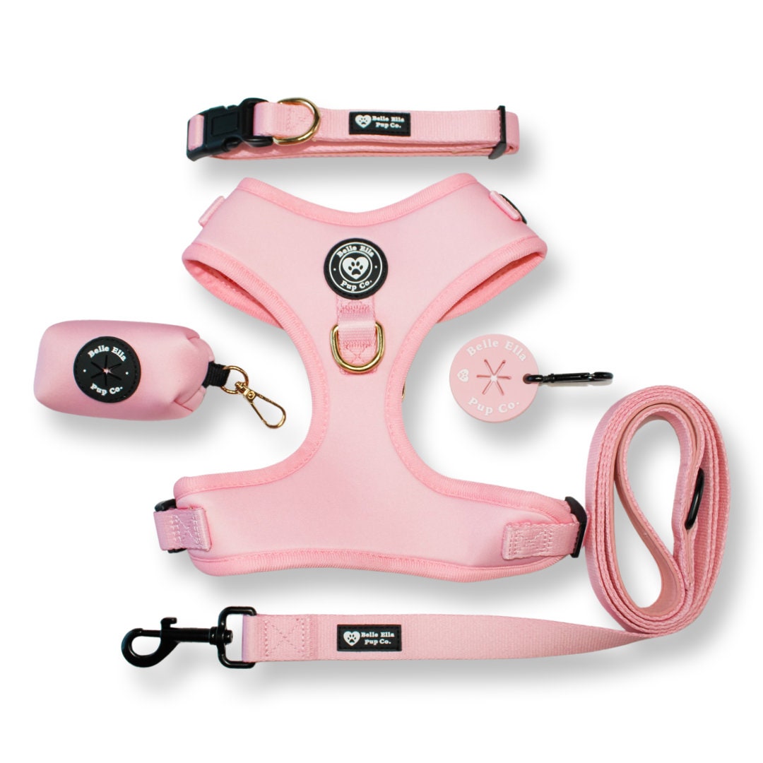 Pink Dog Harness Set: Adjustable Collar, Leash & Poop Bag - Etsy