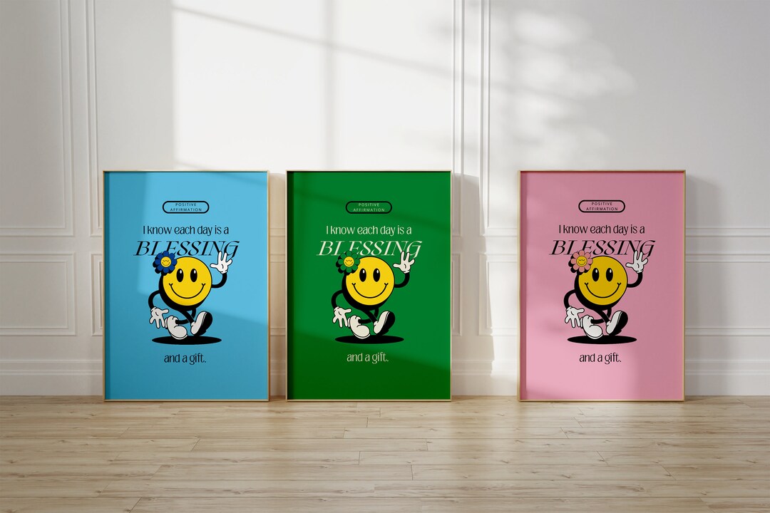 Retro Positive Smiley Affirmation Print, Set of 3 Different Color ...