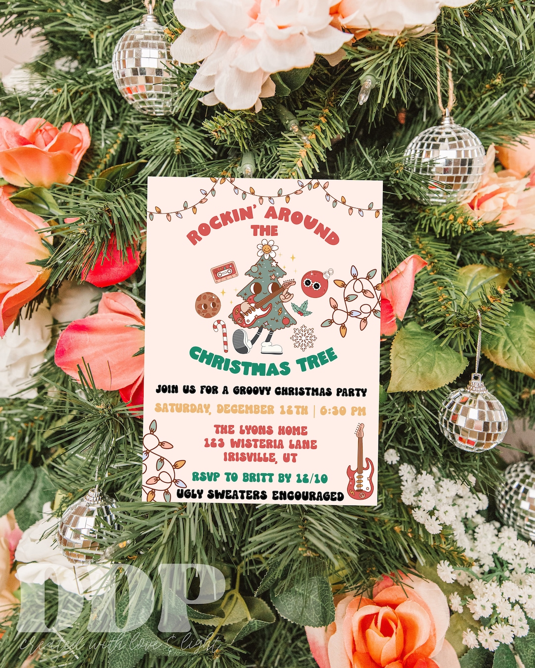 Retro Groovy Christmas Party Invitation Template Editable Let's Rock ...