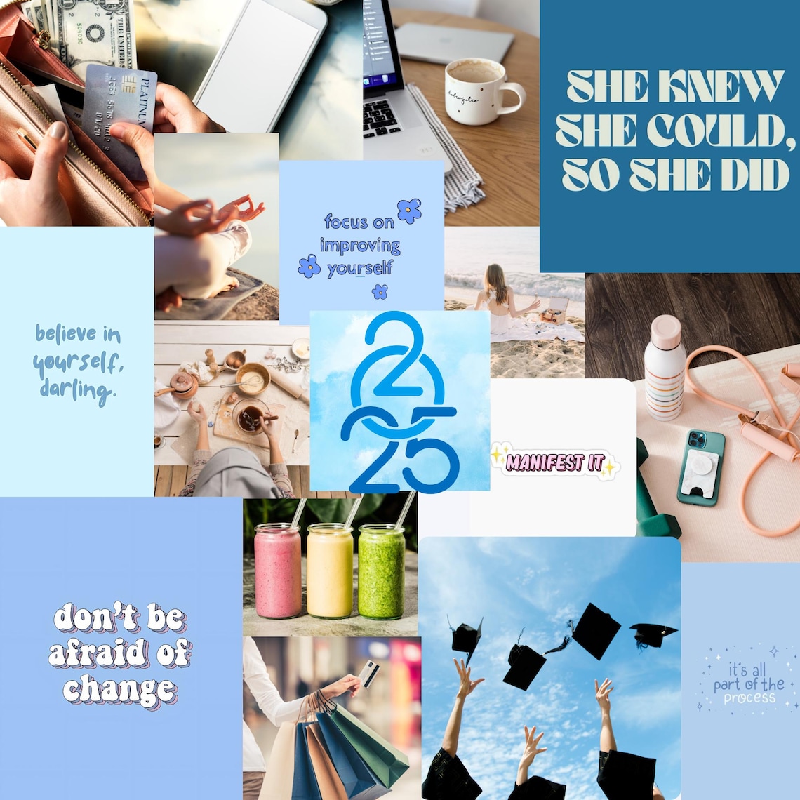 Vision Board Goals Blue Aesthetic Printable Sticker Bundle B Mood Board ...