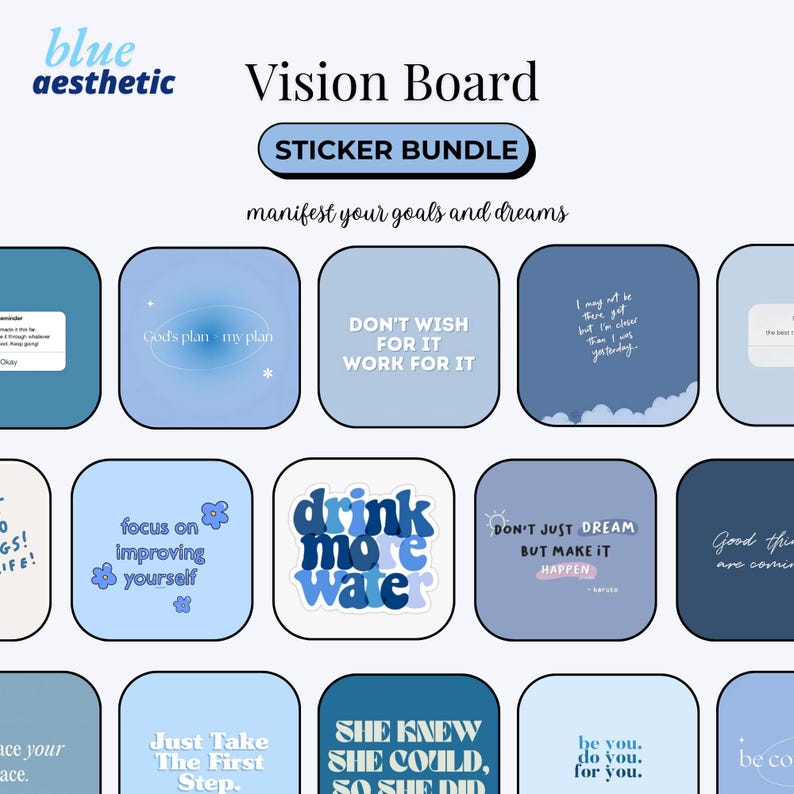 Vision Board Goals Blue Aesthetic Printable Sticker Bundle B Mood Board ...