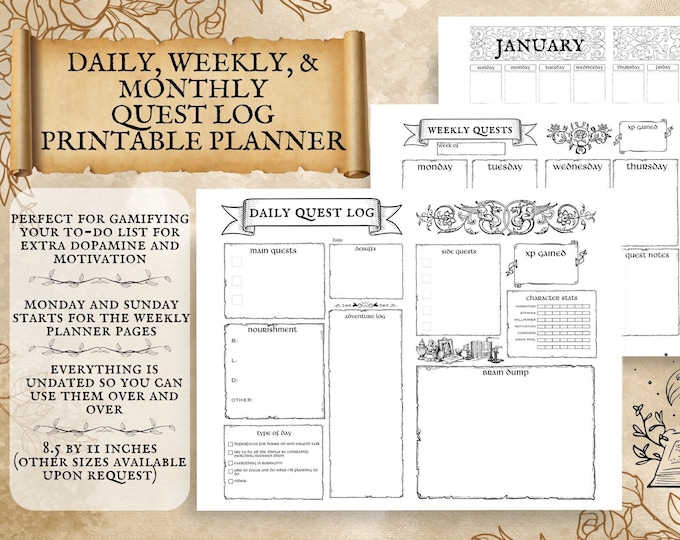 Quest Log to Do PRINTABLE Daily, Weekly, Monthly Planner ADHD - Etsy
