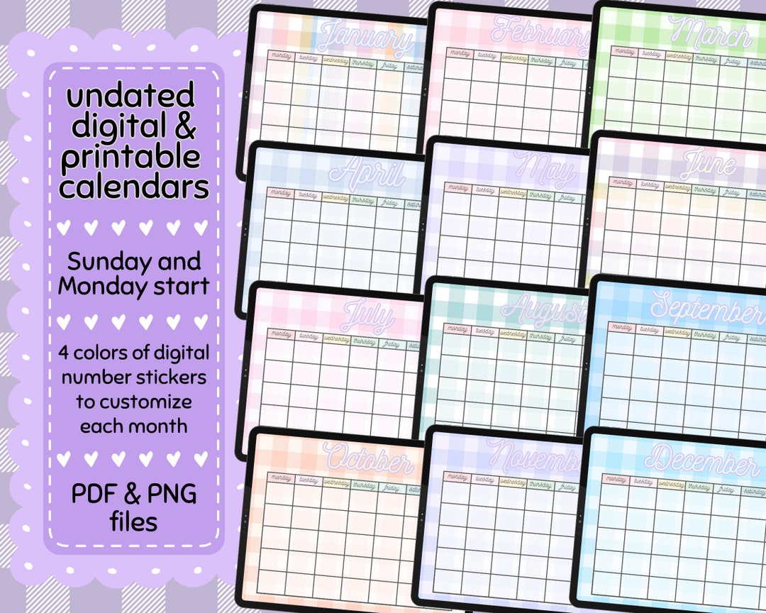 Undated Pastel Gingham Digital Monthly Planner Calendars - Etsy