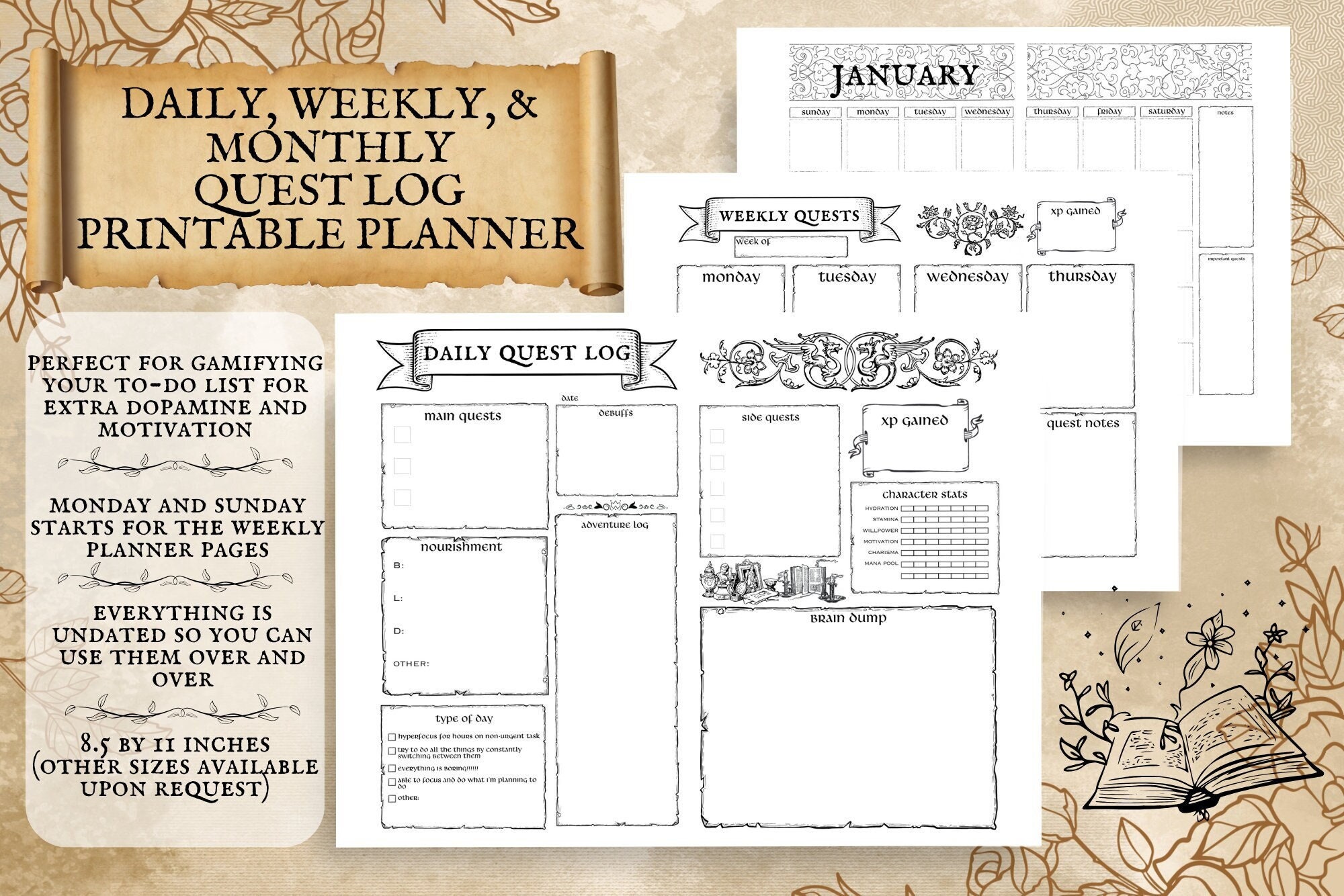 Quest Log to Do PRINTABLE Daily, Weekly, Monthly Planner ADHD - Etsy