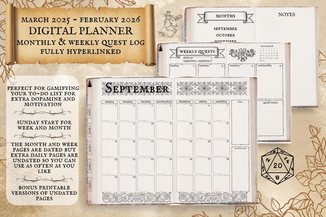 DIGITAL Quest Log RPG March 2025 to February 2026 Monthly & Weekly ...