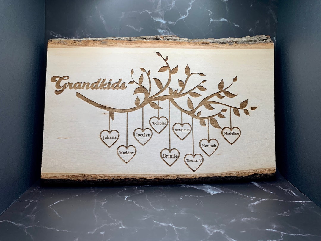 Personalized Natural Wood Bark Grandkids Names Grandmother Sign, Family ...