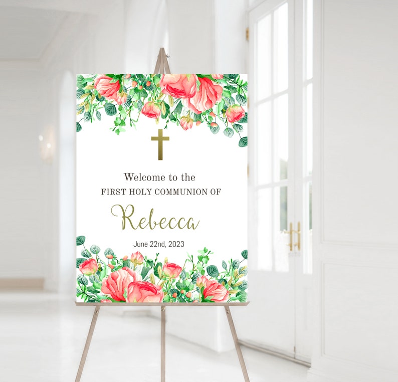 Editable Floral First Holy Communion Welcome Sign, Girl 1st Communion ...