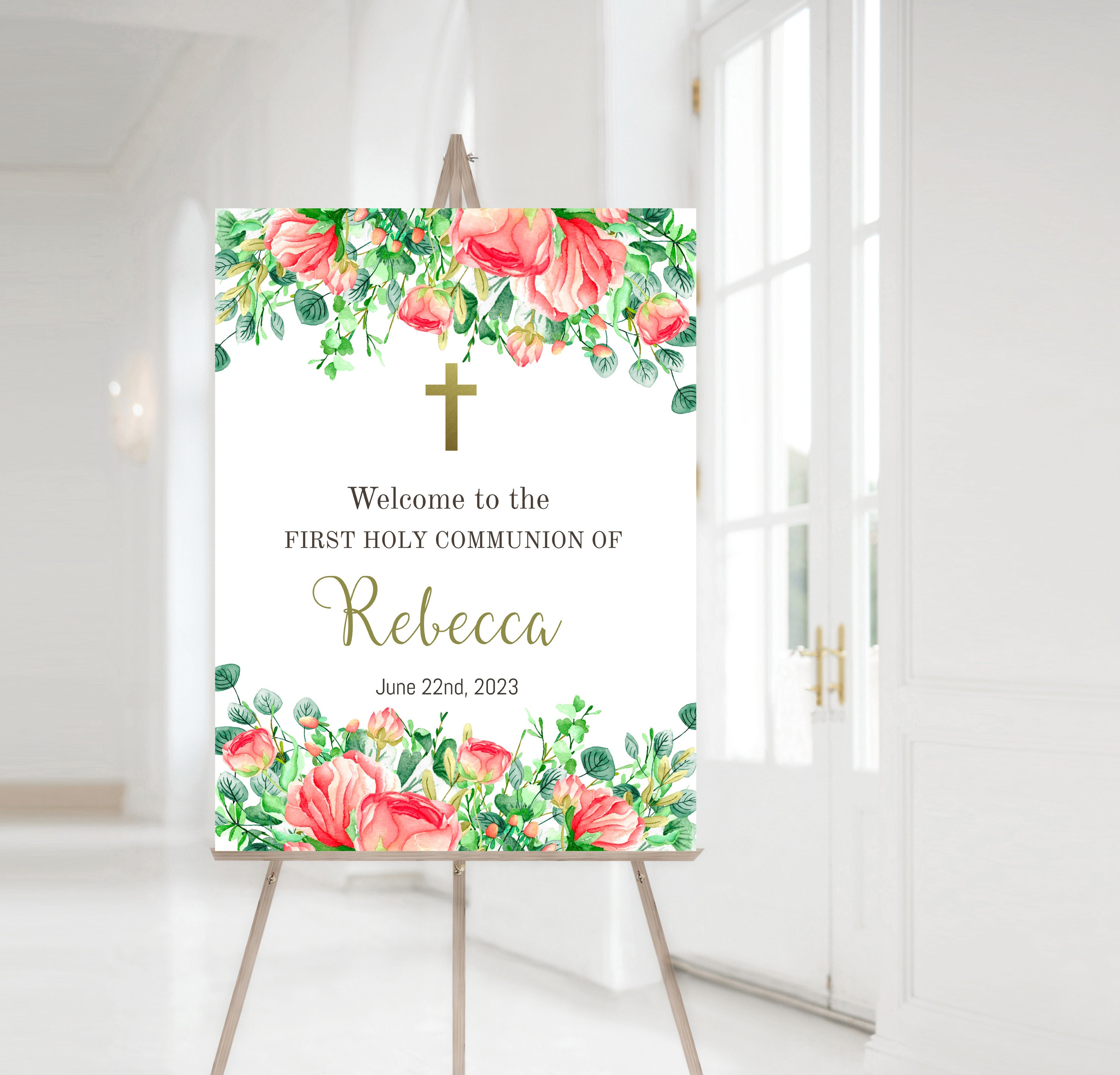 Editable Floral First Holy Communion Welcome Sign, Girl 1st Communion ...