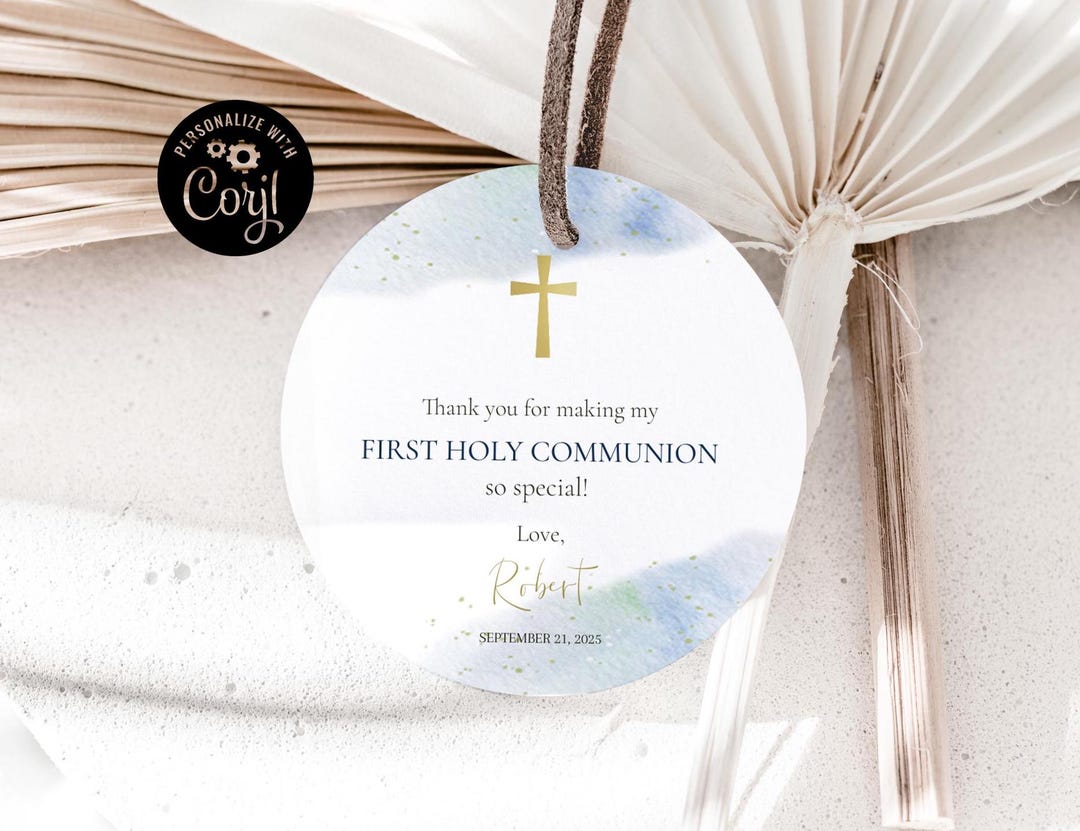 First Communion Favor Tags Template, Blue Watercolor First Communion ...