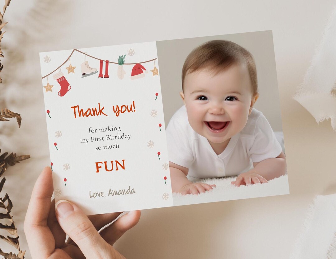 Christmas First Birthday Thank You Card, Editable Oh What Fun Birthday ...