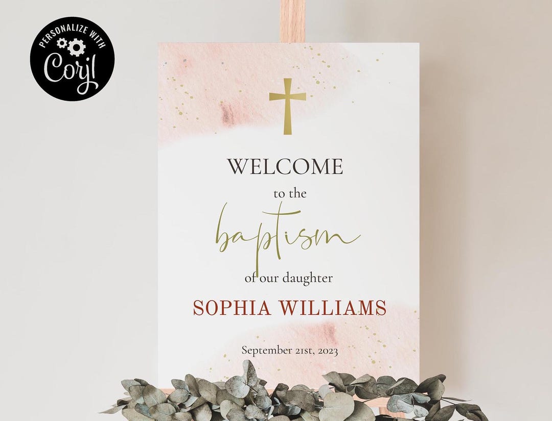 Pink Watercolor Baptism Welcome Sign: Editable Christening Decor ...