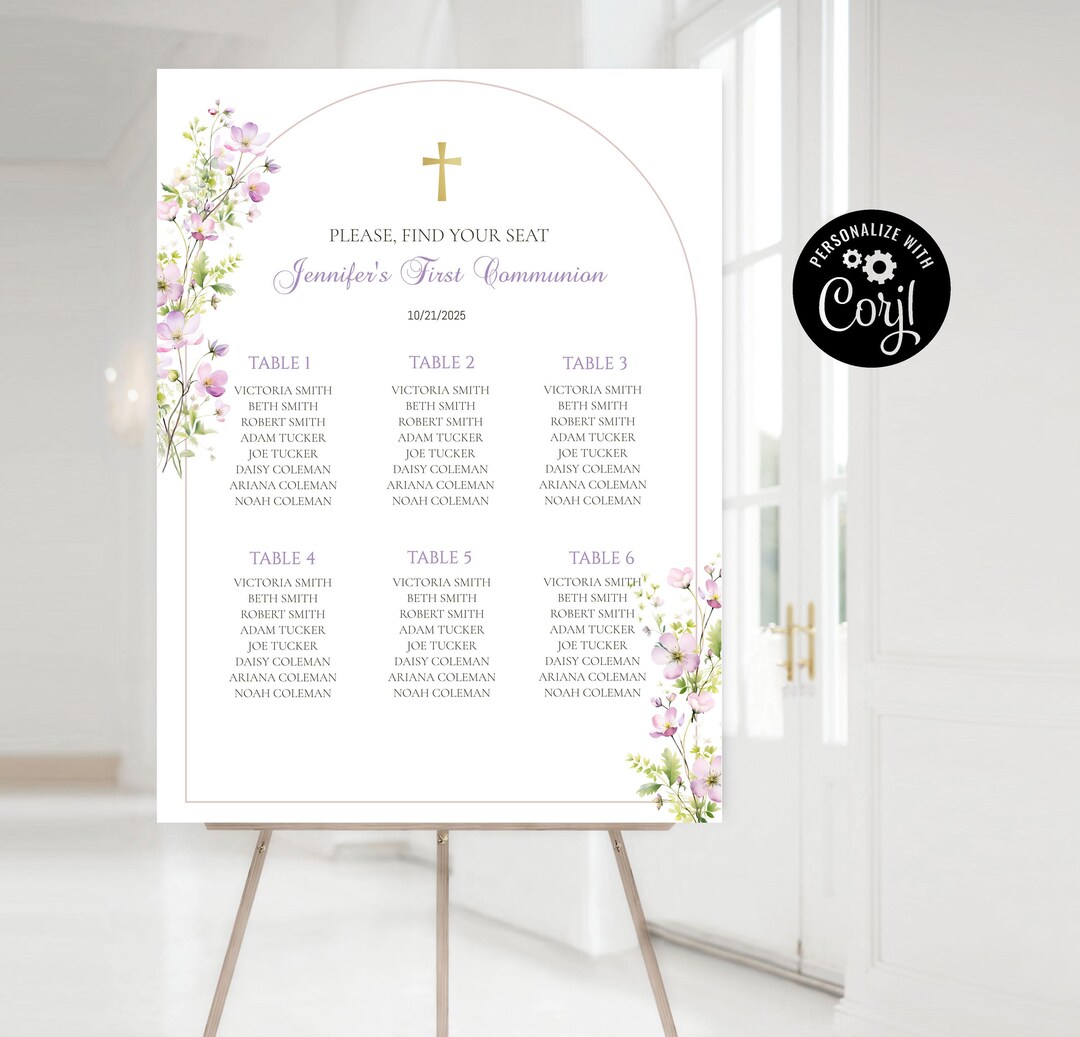 First Communion Seating Chart Template, Purple Floral Girl Communion ...
