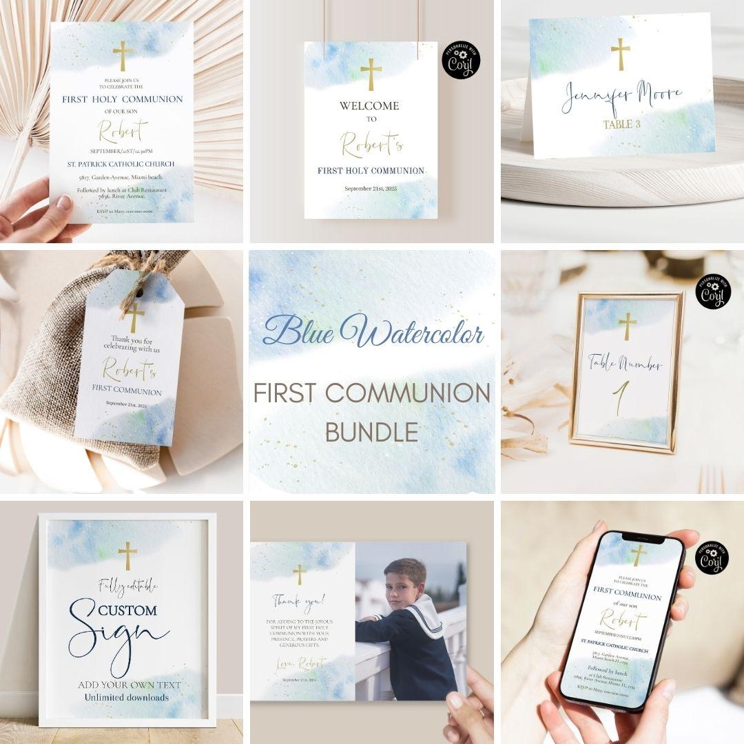 Blue Watercolor First Communion Bundle Template, Modern First Communion ...