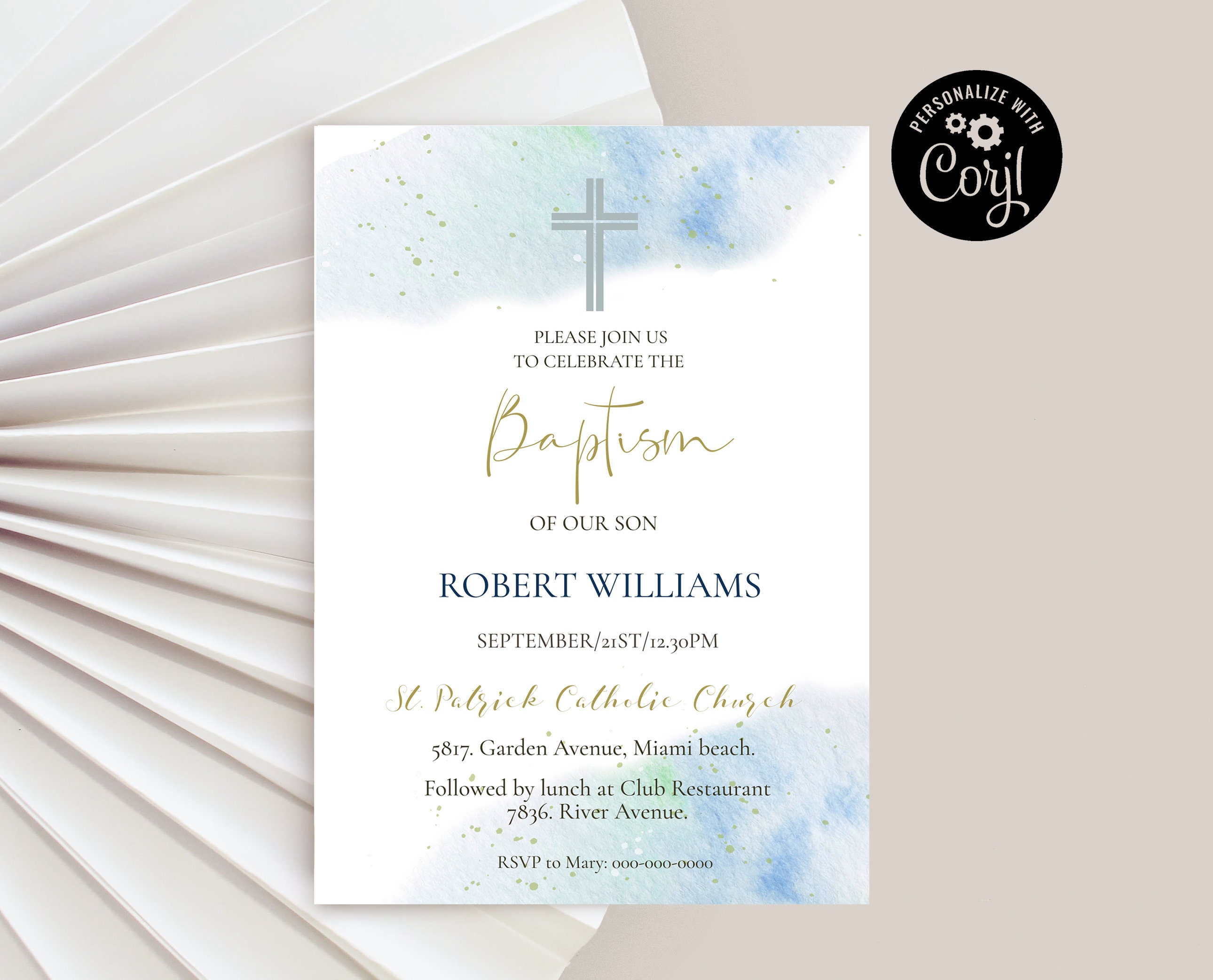 Blue Watercolor Baptism Invitation Template Gold and Blue - Etsy