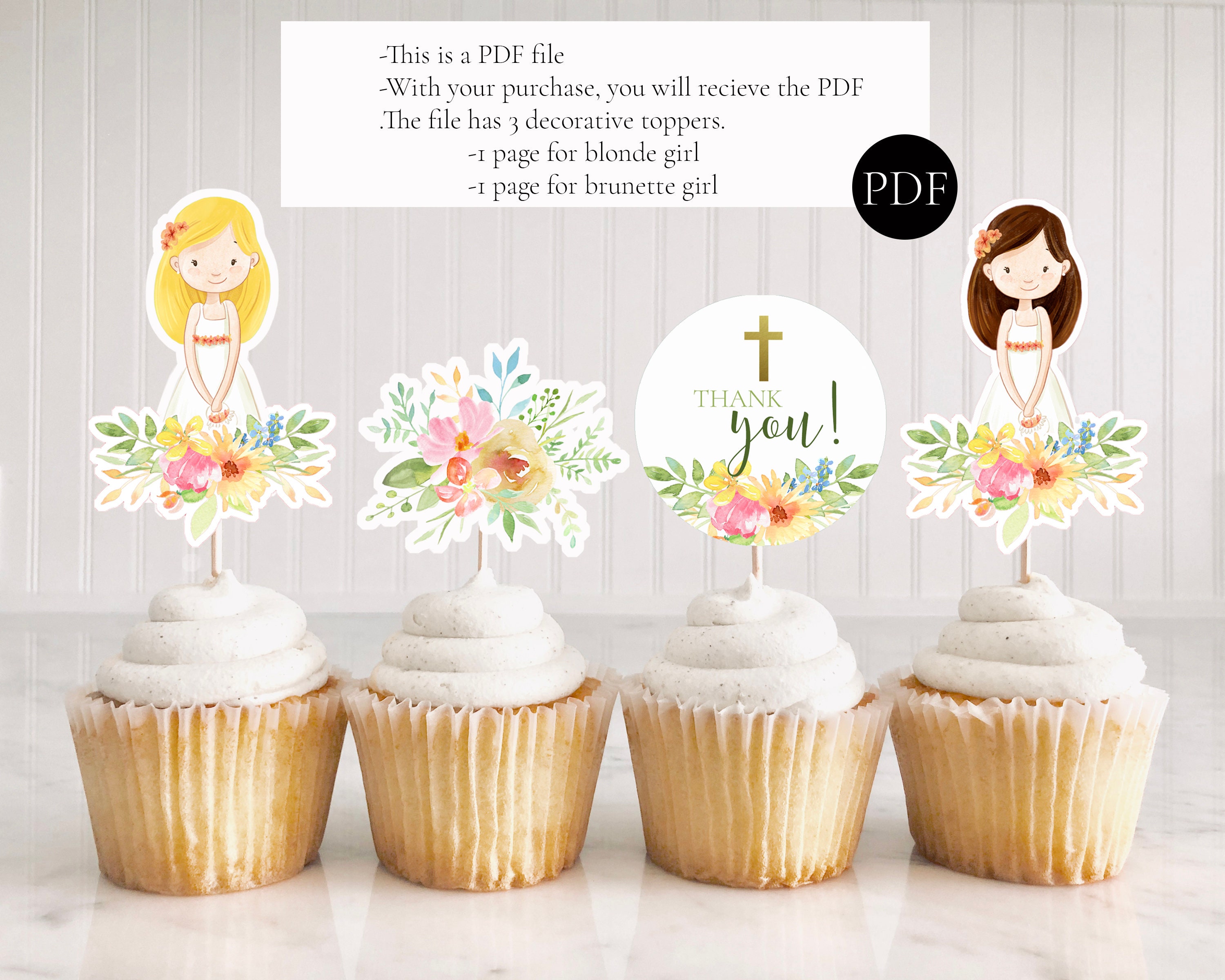 Girl's First Communion Cupcake Toppers Instant Download, First ...