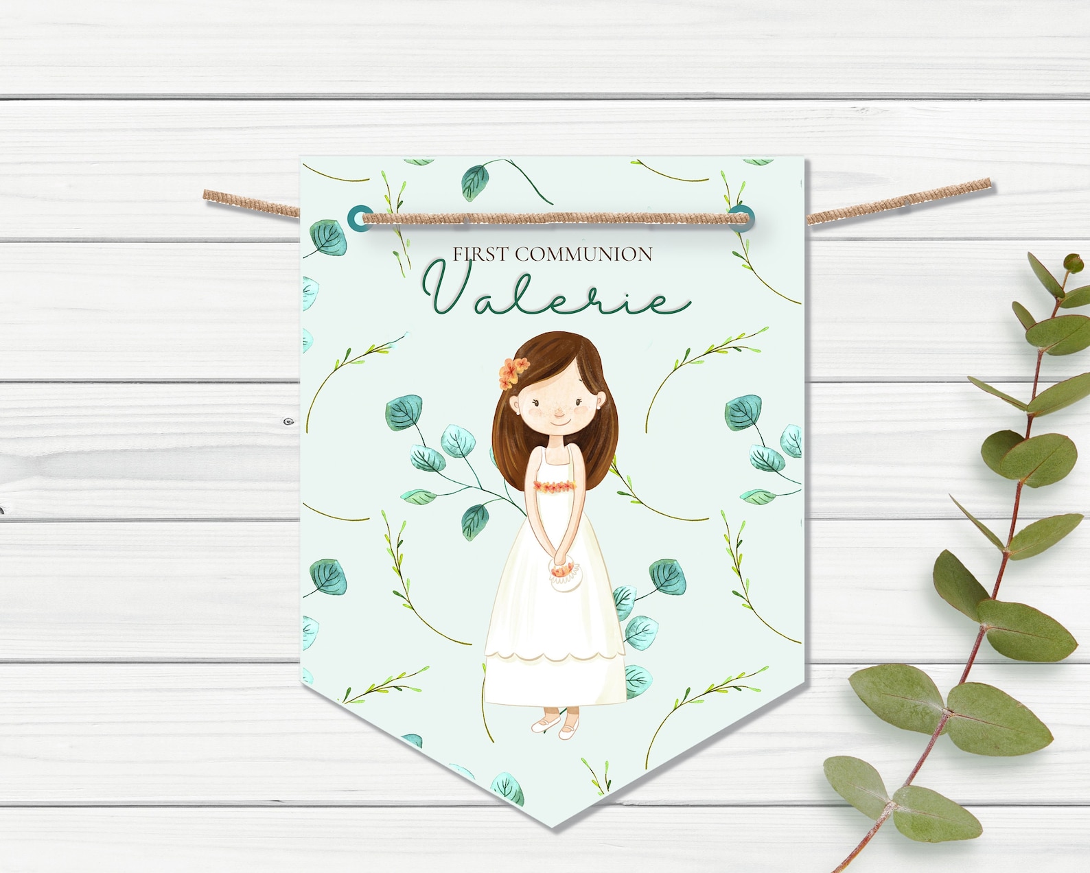 Editable First Communion Flag With Little Girl, Custom Pennant Girls ...