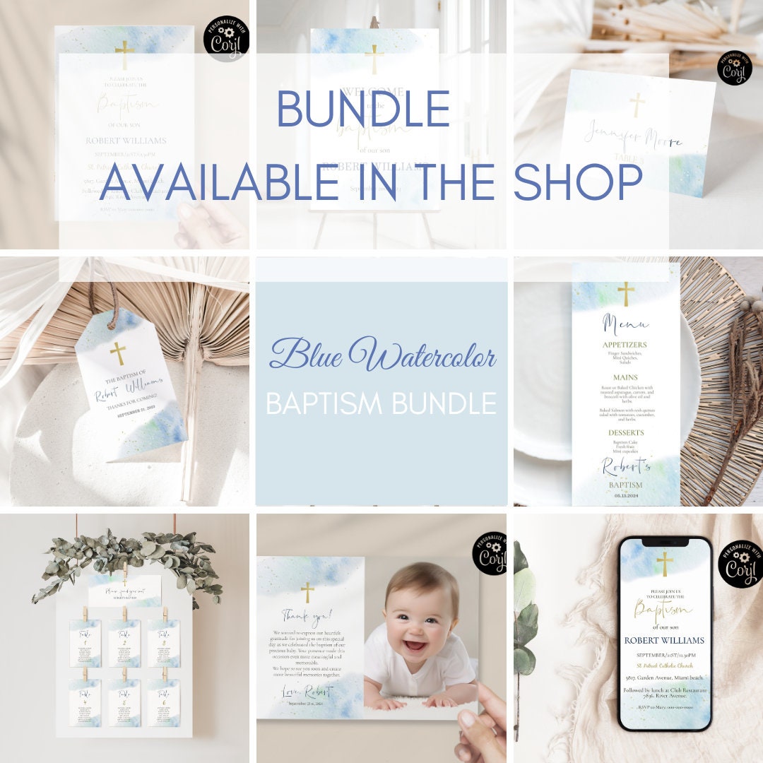 Blue Watercolor Baptism Invitation: Gold Cross (digital Download) - Etsy