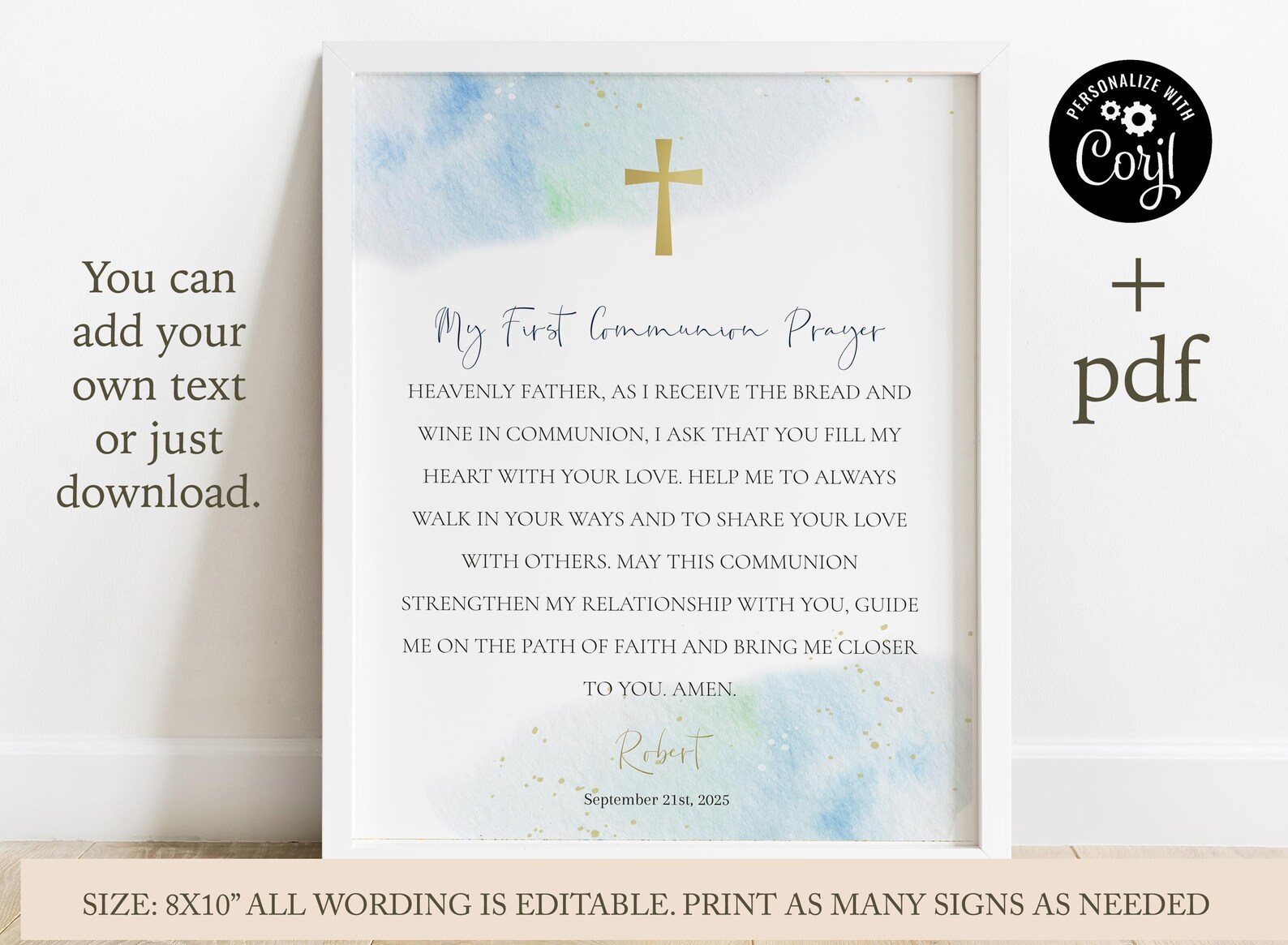 First Communion Prayer Sign Template, Blue Watercolor Holy Communion ...