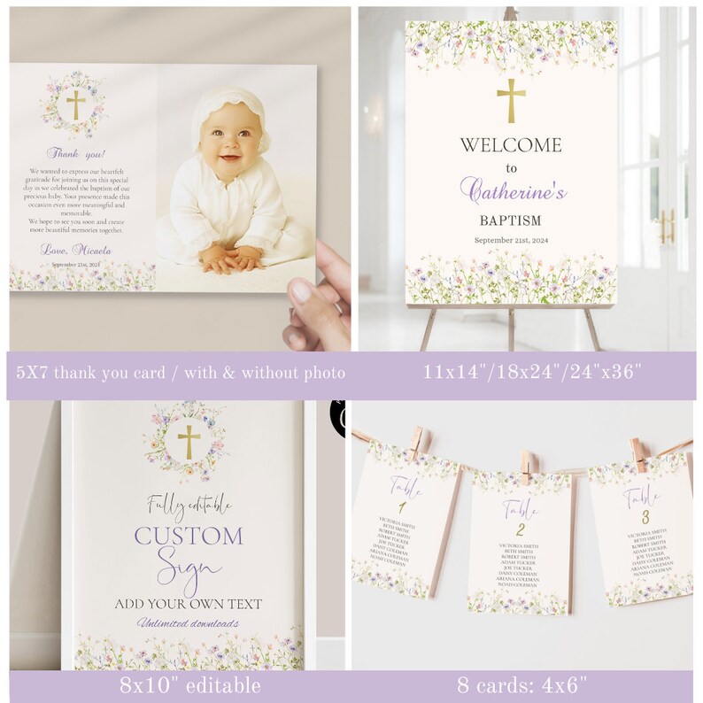 Floral Baptism Thank You Card Template, Floral Wreath Christening Thank ...