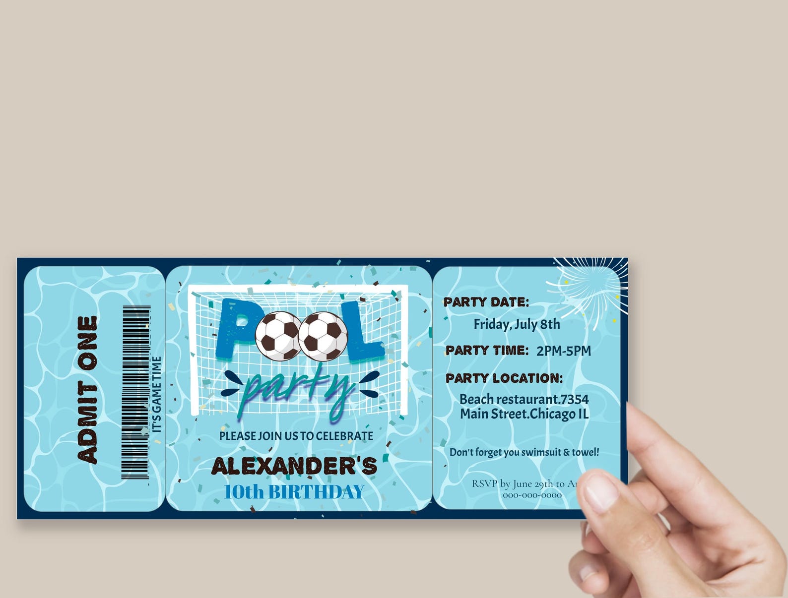 Soccer Pool Birthday Ticket Invitation, Swimming Pool Party Ticket ...