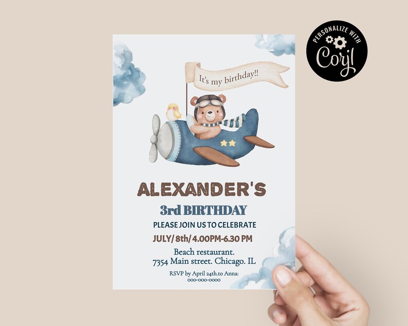 Airplane Birthday Invitation for Boy Editable Pilot Party Invite ...