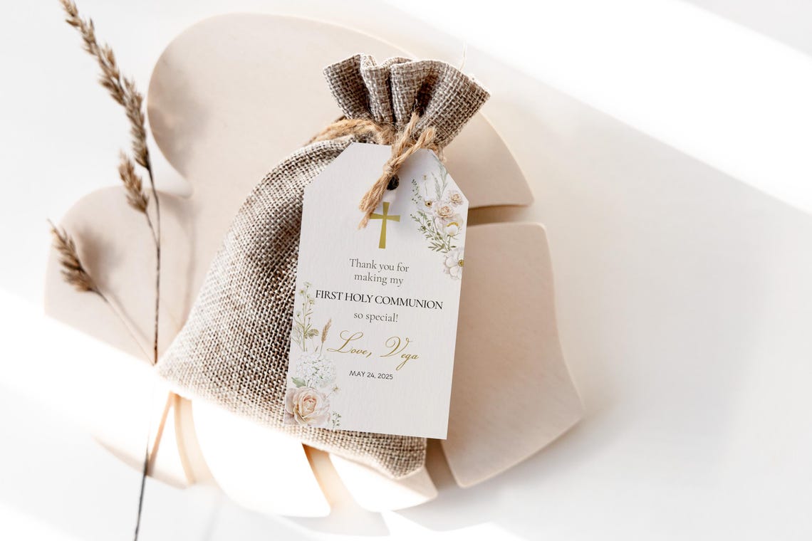 First Communion Favor Tags Template, Floral Holy Communion Thank You ...