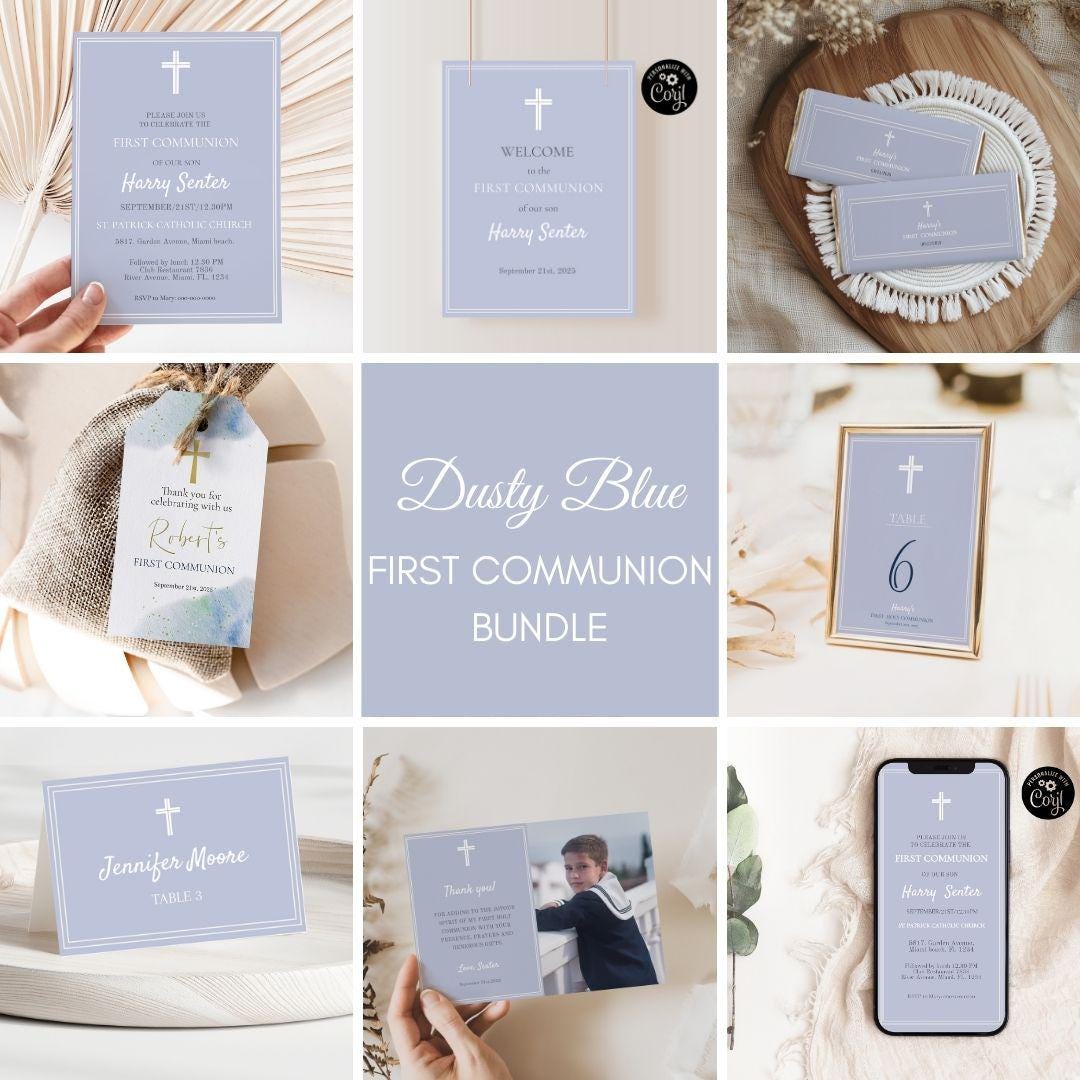 Dusty Blue First Communion Bundle, Modern Boy Communion Set Printable ...