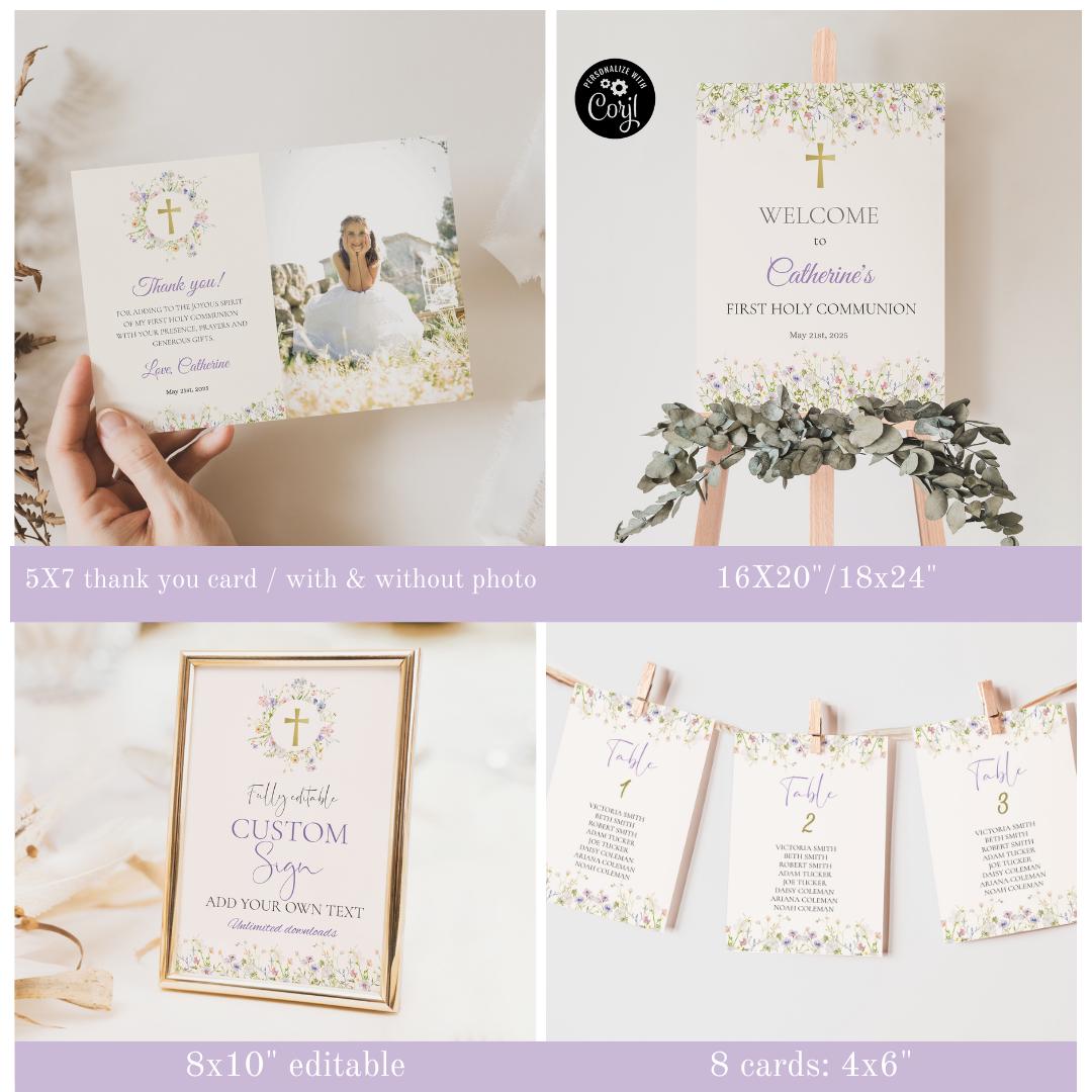 Floral First Holy Communion Menu Template, Editable Wildflower 1st ...