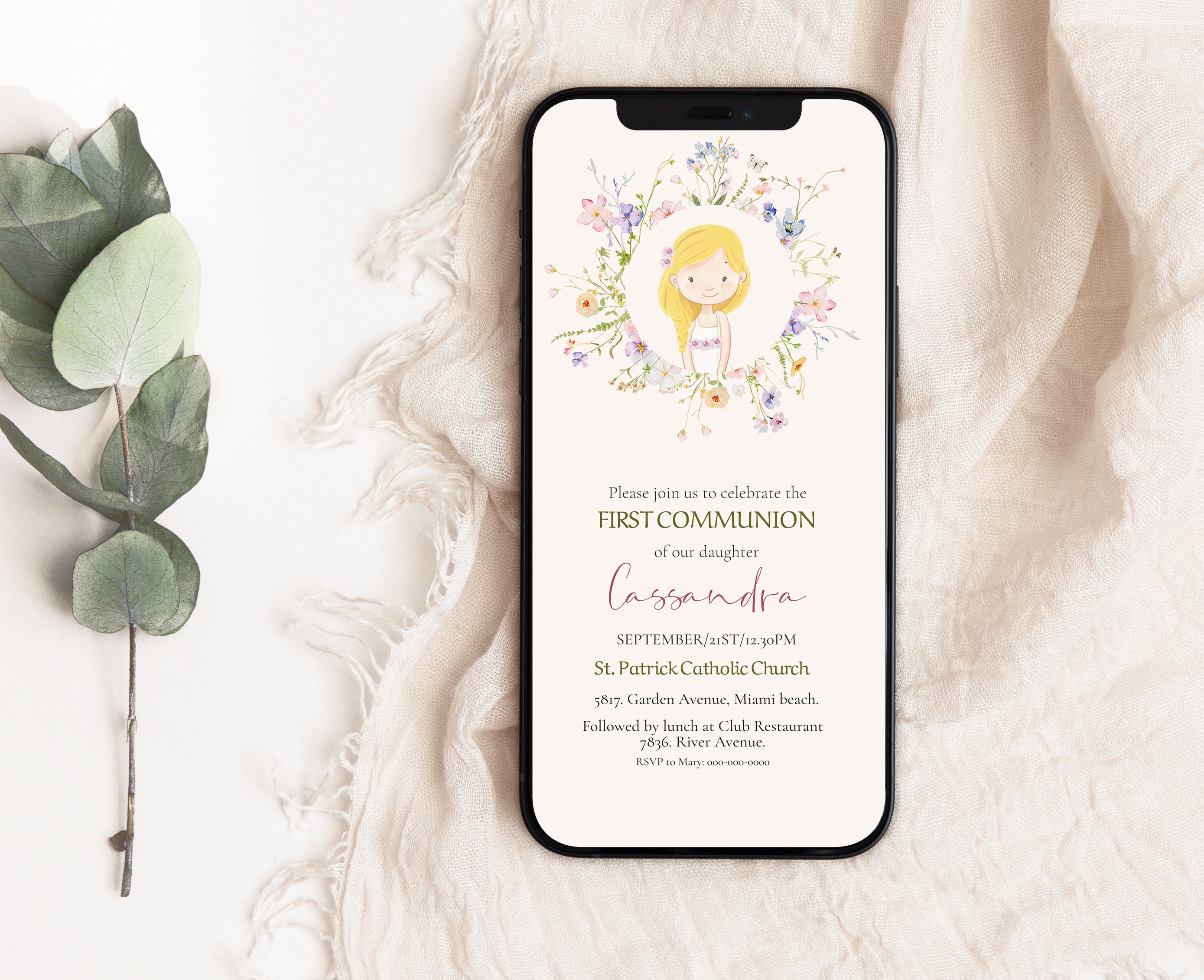 Floral Holy Communion Digital Invitation for Girl, Wildflower First ...