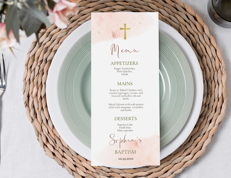 Pink Watercolor Baptism Menu Template: Editable Christening Table Decor ...