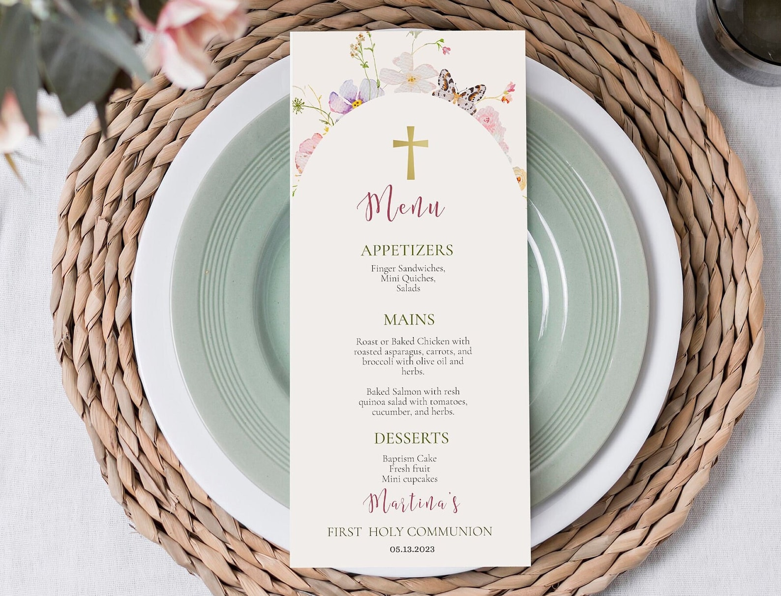 Floral First Communion Menu Template: Editable Pale Wildflower Design ...