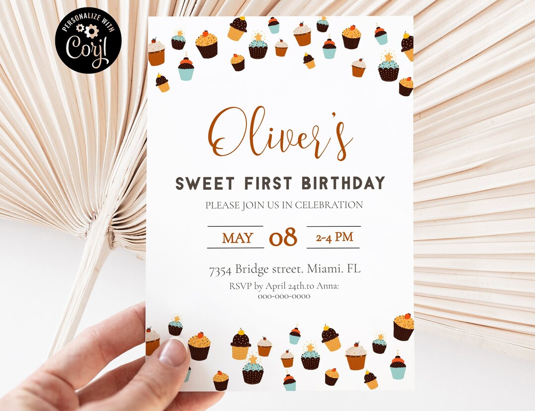Editable Cupcake Birthday Invitation Template, Sweet First Birthday ...