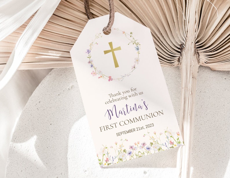 Floral First Communion Thank You Tags, Editable Floral Communion Favor ...