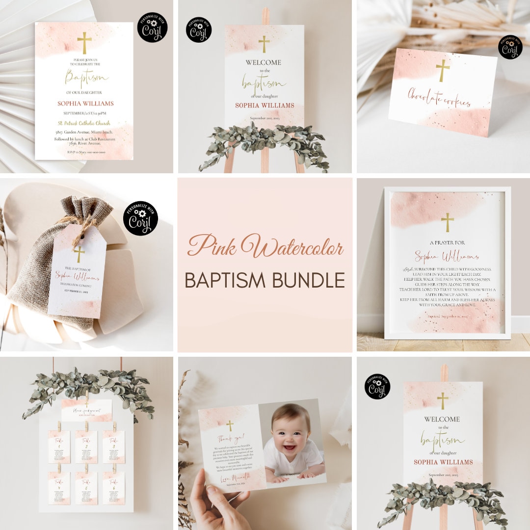 Pink Baptism Bundle Template, Modern Baptism Set Editable, Pink ...