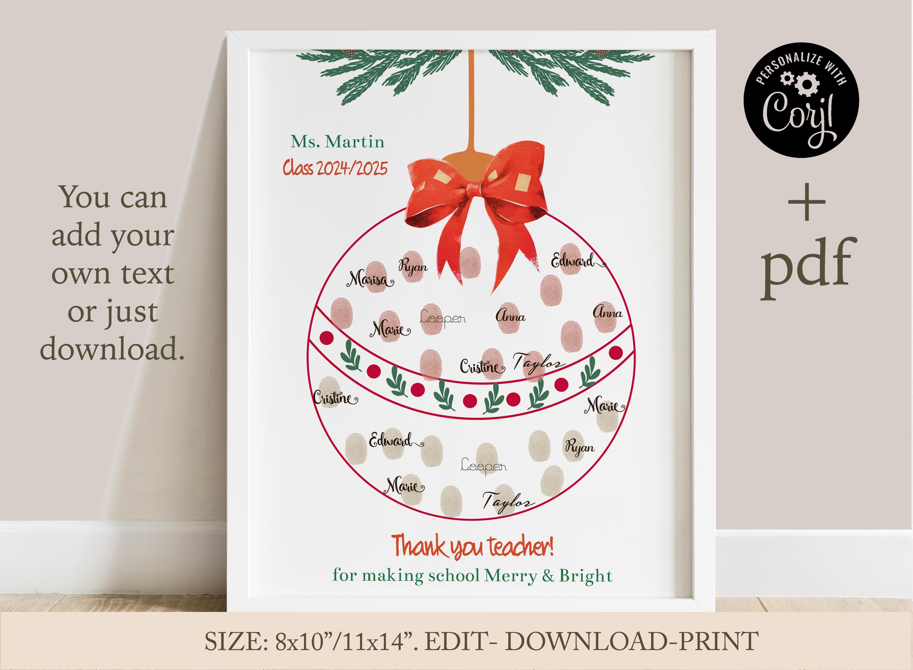 Christmas Teacher Appreciation Fingerprint Art Printable, Xmas Thank ...