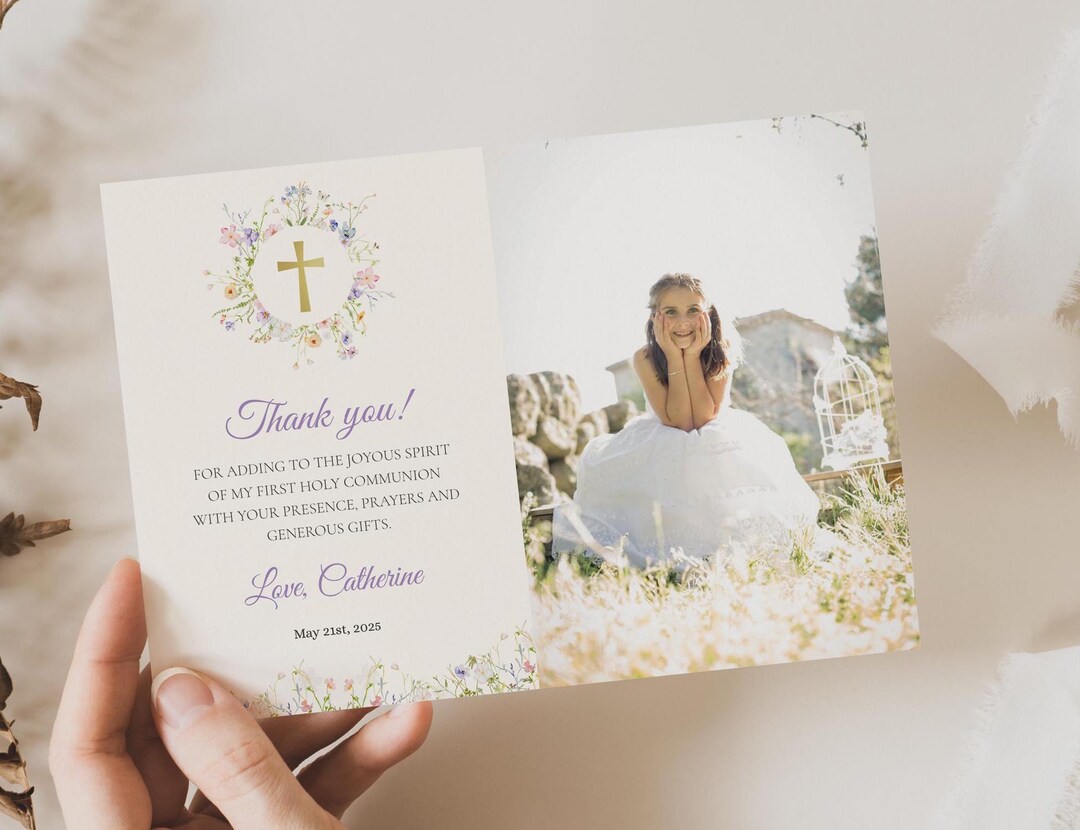 Girl First Communion Thank You Card With Photo, Holy Communion Photo ...