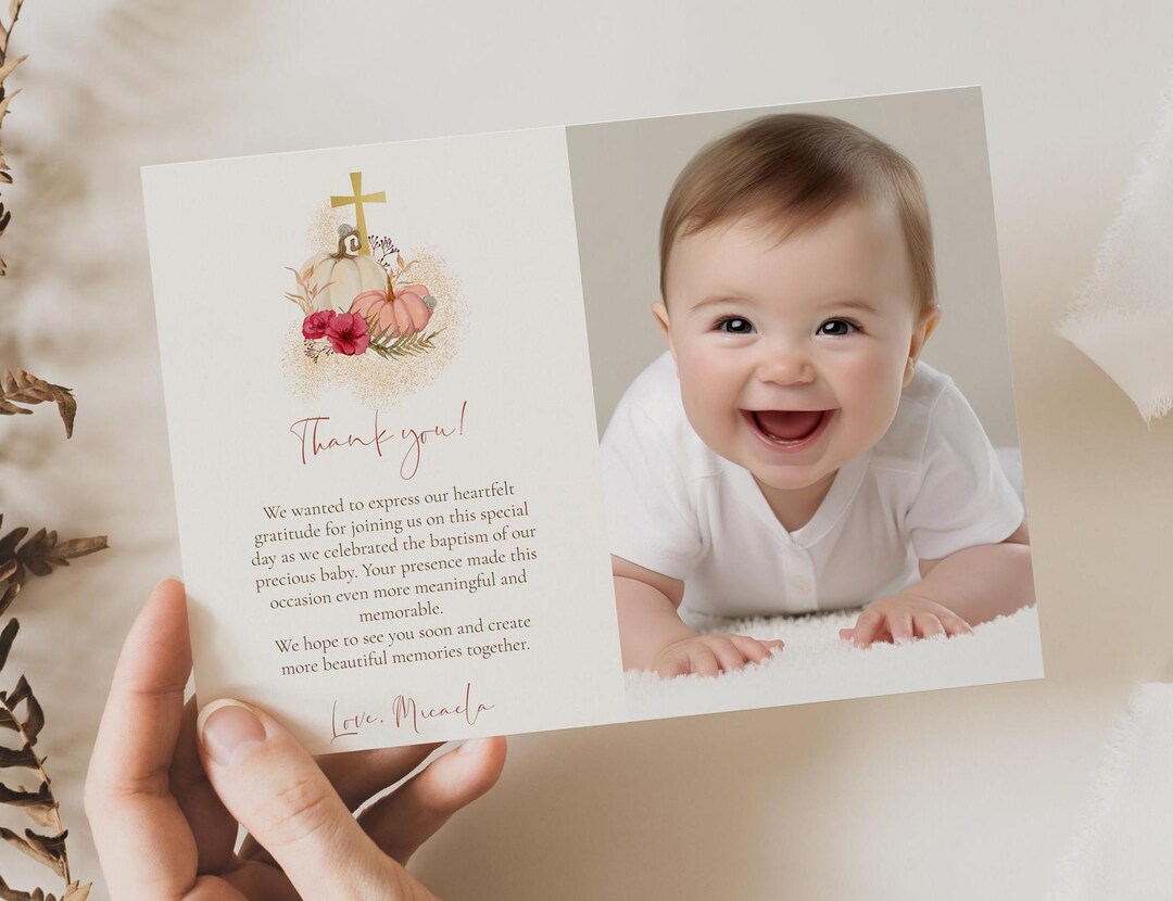 Pumpkin Baptism Photo Thank You Card, Fall Baptism Thank You Card ...