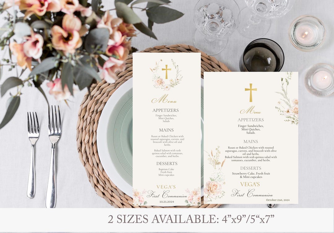 Floral First Holy Communion Menu Editable, Pink Roses First Communion ...