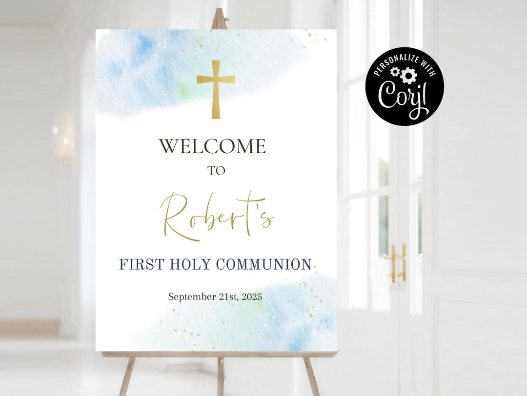 Blue Watercolor Communion Welcome Sign, Boy First Communion Welcome ...