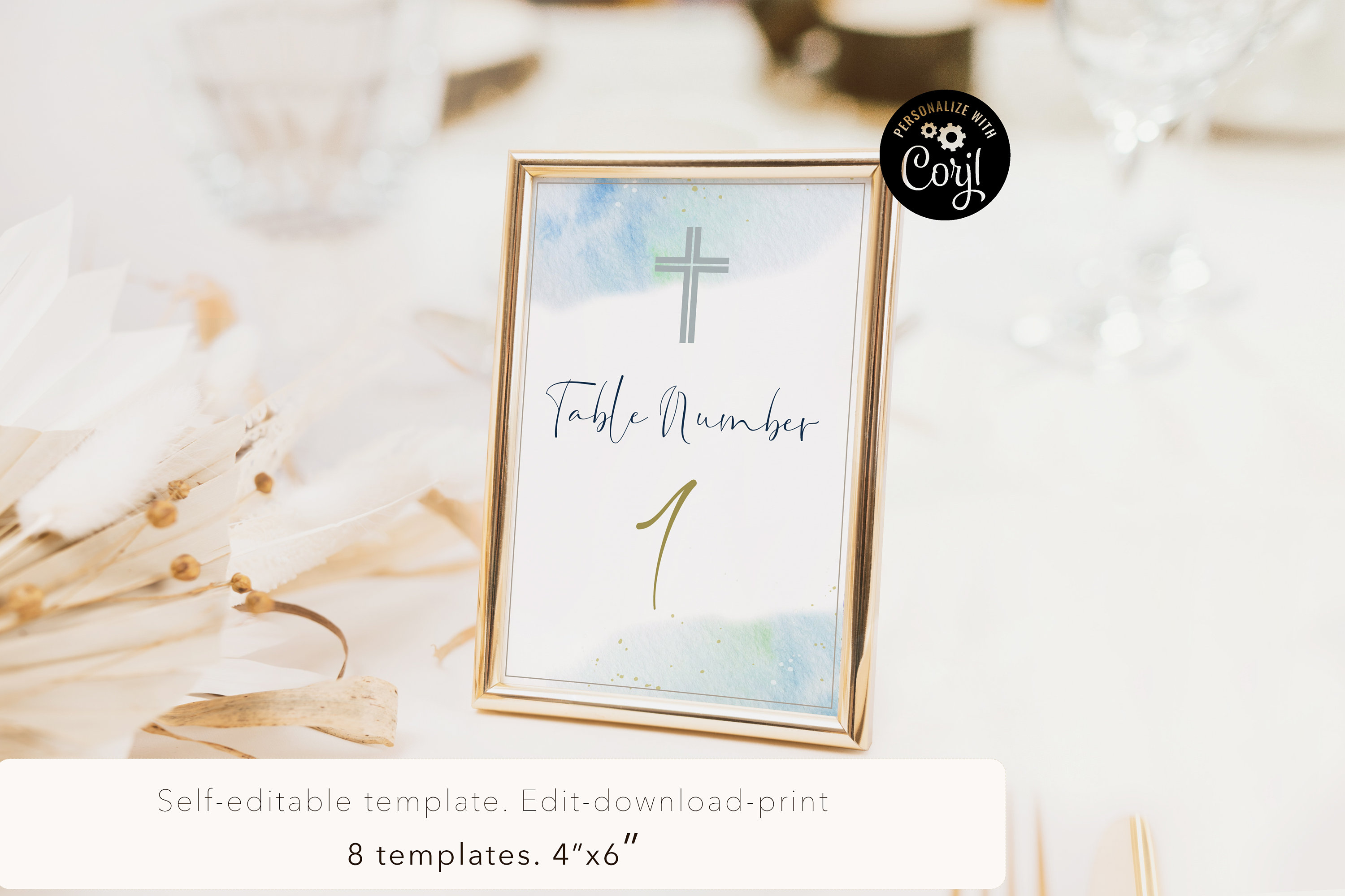 Editable First Communion Table Numbers, Blue Watercolor Religious Table ...