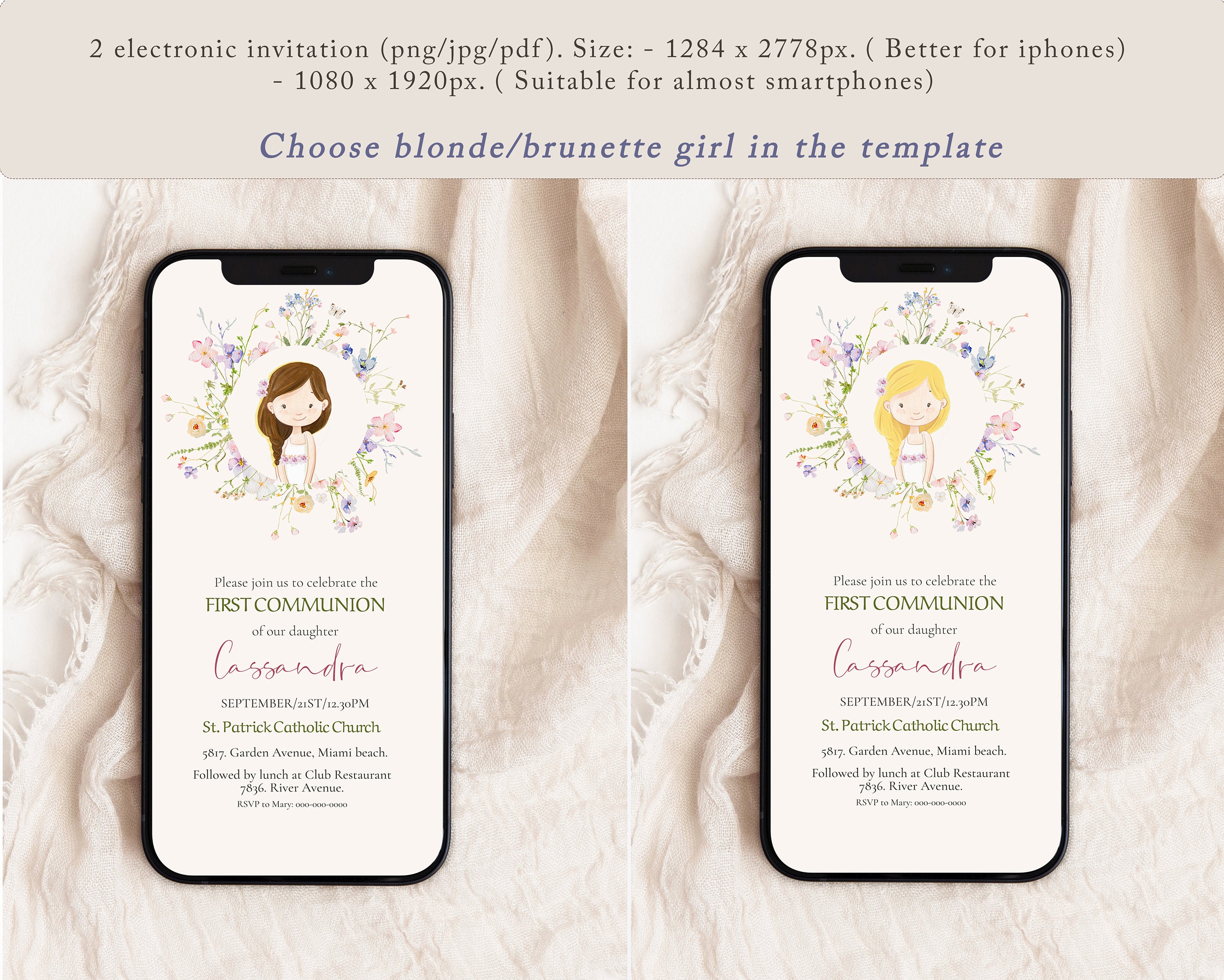 Floral Holy Communion Digital Invitation for Girl, Wildflower First ...