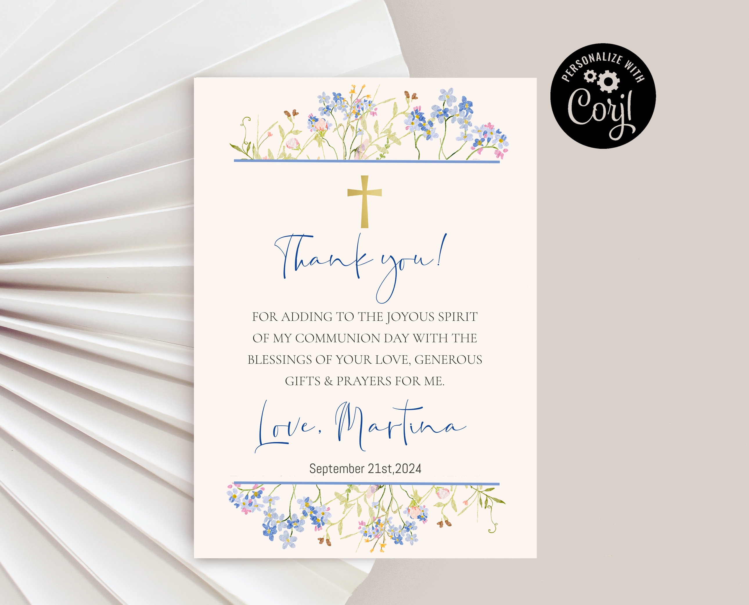 Editable Holy Communion Thank You Card for Girl, Blue Floral First ...