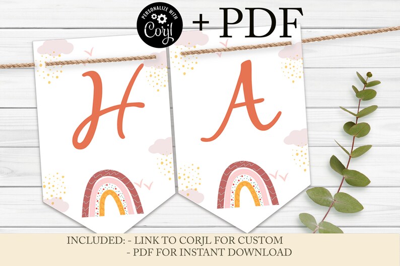 Boho Rainbow First Birthday Banner Printable, Pink Rainbow happy ...