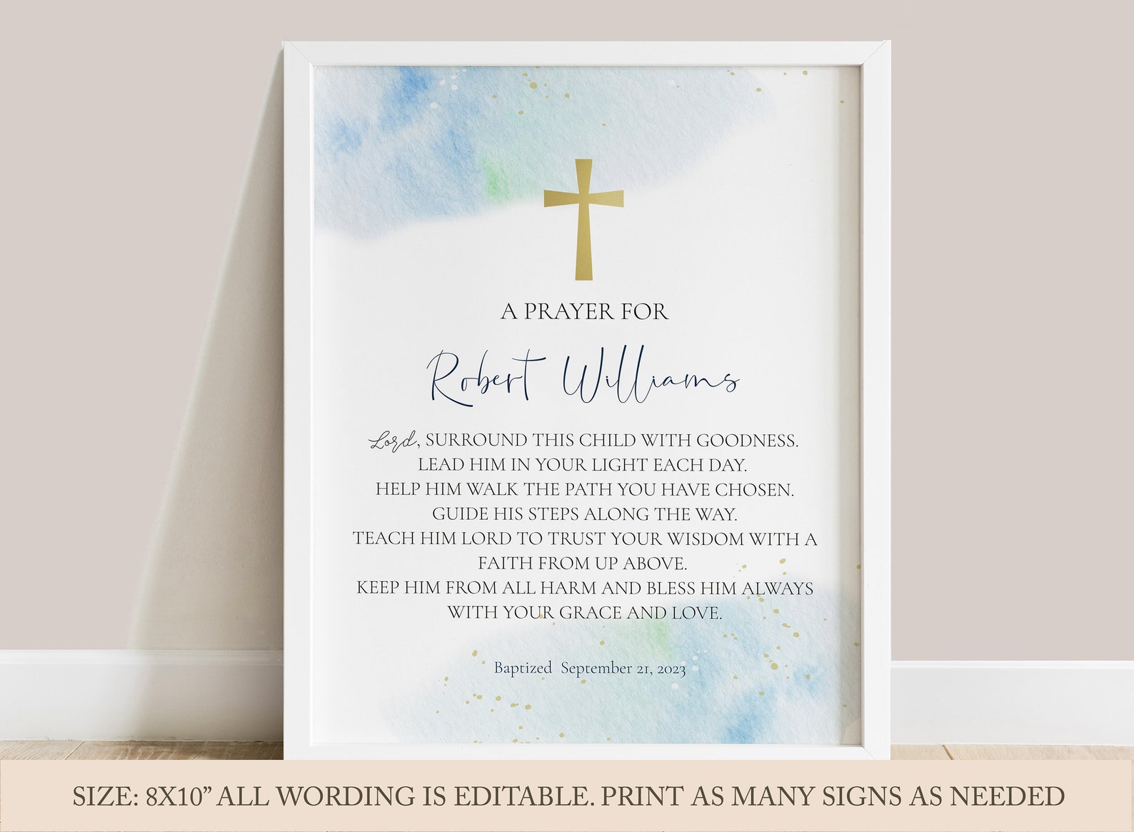 Blue Watercolor Christening Prayer Sign Template, Editable Gold and ...